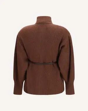 Brunello Cucinelli High Neck Cardigan With Belt - Brown