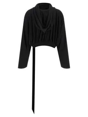 Rick Owens Cropped Hooded Top With Long Sleeves In Cotton Jersey - Black