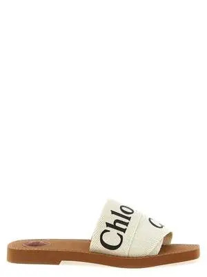 Chloé Woody' Logo Print Linen Canvas Slides - White