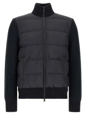 Moncler Two-material Zip-up Cardigan With Quilted Front And Virgin Wool Sleeves - Blue