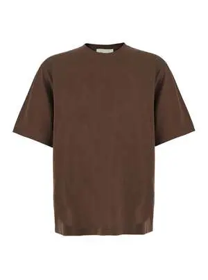 AMI Paris Brown Round Neck T-shirt With Tone-on-tone Adc Embroidery On The Front In Cotton For - Multicolor