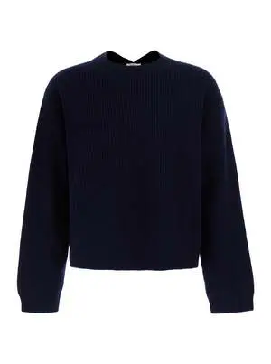 Saint Laurent Blue Sweater With Round Neck And V-neck On The Back In Ribbed Wool For - Multicolor