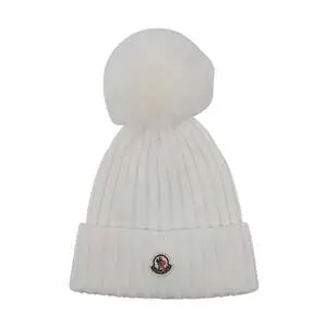 Moncler Logo Beanie With Pon Pon - White