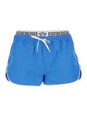 Versace Light Swim Shorts With Logo Band In Tech Fabric - Blue