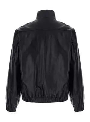 Saint Laurent Black High Collar Jacket With Front Zip Closure And Cassandre Plaque On Zipper Pull In Leather For