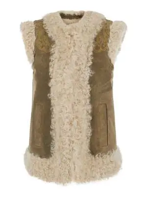 Etro Beige Shearling Vest With Maxi Embroidery - Multicolor