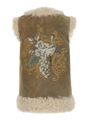 Etro Beige Shearling Vest With Maxi Embroidery - Multicolor