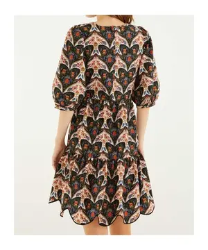 Farm Rio Round Neck Puff Sleeve Printed Dress With Lace Hem