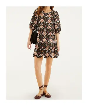 Farm Rio Round Neck Puff Sleeve Printed Dress With Lace Hem