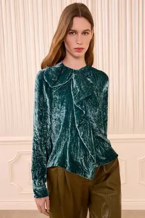 Ulla Johnson Vesa Long Sleeve Velvet Bow Blouse - Jadeite