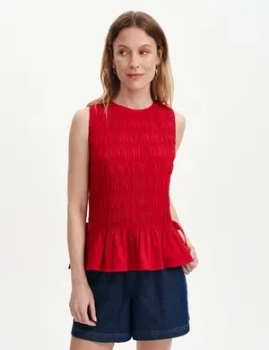 FINERY LONDON Malani Cotton Shirred Sleeveless Top - Red