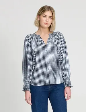 FINERY LONDON Sandy Cotton Gingham Long Sleeve Blouse - Navy Gingham