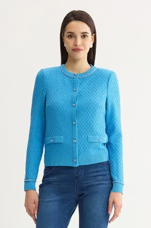 Ming Wang Raised Diamond Ribbed Knit Cardigan