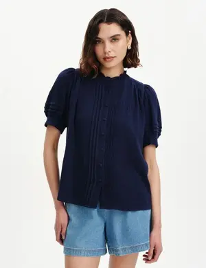 FINERY LONDON Teagan Cotton Cheesecloth Pintuck Blouse - Navy
