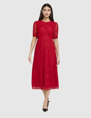 FINERY LONDON Mela Lace Midi Dress - Red