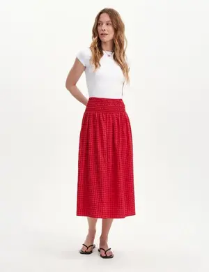 FINERY LONDON Vanessa Gingham Seersucker Midi Skirt - Pink