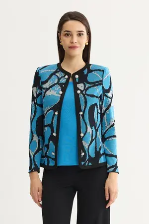 Ming Wang Abstract Jacquard Suede Trim Knit Jacket
