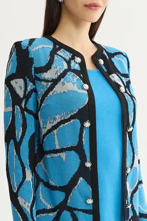 Ming Wang Abstract Jacquard Suede Trim Knit Jacket