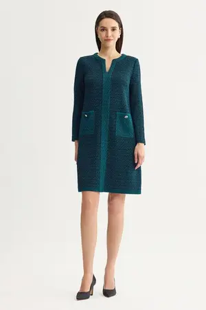 Ming Wang Split V Neck Jacquard Knit Dress - Deep Teal