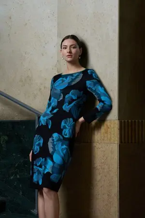 Ming Wang Floral Jacquard Soft Knit Midi Dress