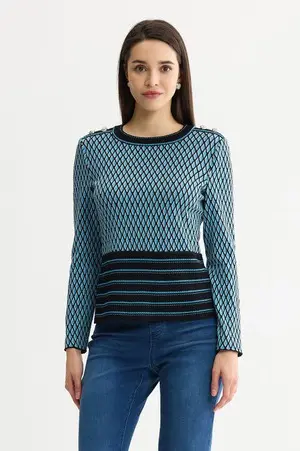 Ming Wang Diamond Pattern Ribbed Knit Top With Button Detail