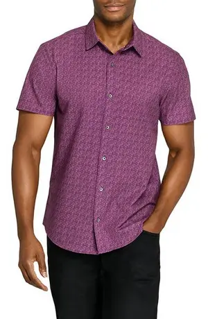 W.R.K Abstract Blur Performance Short Sleeve Button Up Shirt - Maroon