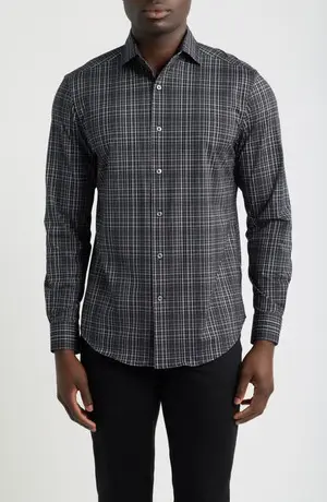 Bugatchi Ooohcotton Devon Plaid Performance Shirt - Black