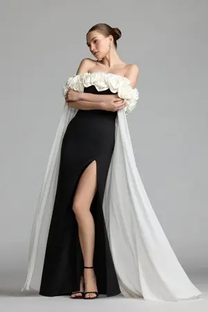 Mac Duggal Off-the-shoulder Crepe Gown With Chiffon Cape And Floral Embellishments