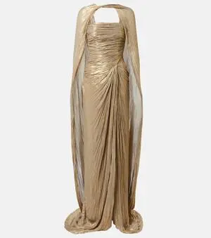MARMAR HALIM Pleated Cape Effect Bustier Gown In Metallic - Gold