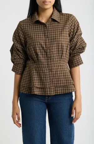 Wit & Wisdom Plaid Ruched Sleeve Peplum Shirt - Cold Brew Multi
