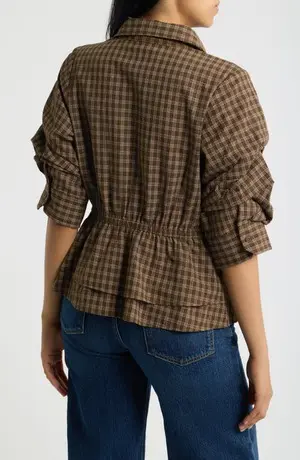 Wit & Wisdom Plaid Ruched Sleeve Peplum Shirt