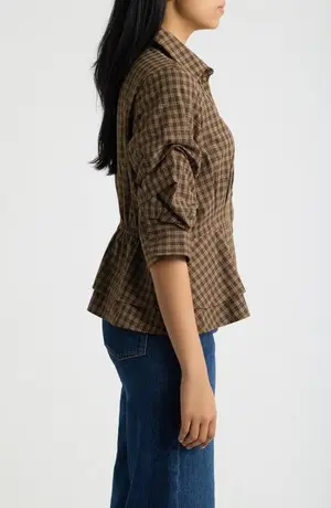 Wit & Wisdom Plaid Ruched Sleeve Peplum Shirt