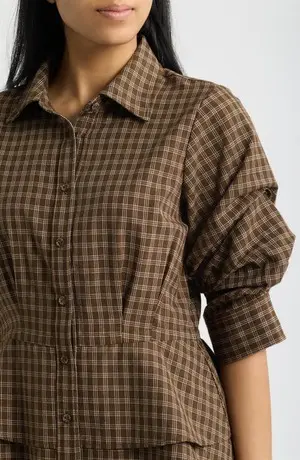 Wit & Wisdom Plaid Ruched Sleeve Peplum Shirt