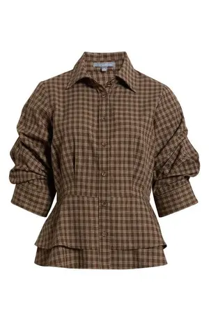 Wit & Wisdom Plaid Ruched Sleeve Peplum Shirt