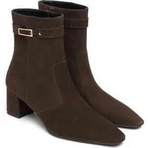 NEROGIARDINI Suede Block Heel Ankle Bootie With Buckle Strap - Chocolate