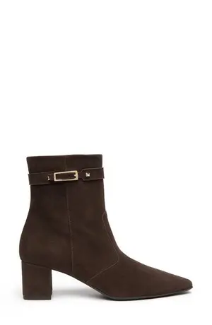 NEROGIARDINI Suede Block Heel Ankle Bootie With Buckle Strap - Chocolate