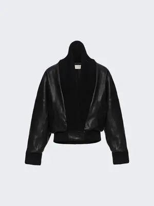 Magda Butrym Leather Bomber Jacket With Knit Shawl Collar - Black