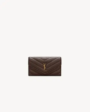 Saint Laurent Cassandre Fragments Flap Card Case In Lambskin In Brown - Arabica