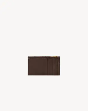 Saint Laurent Cassandre Fragments Flap Card Case In Lambskin In Brown
