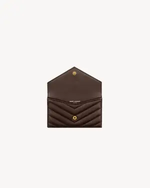 Saint Laurent Cassandre Fragments Flap Card Case In Lambskin In Brown