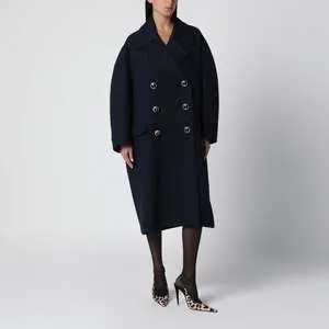 Balenciaga Navy Textured Wool Pea Coat - Blue