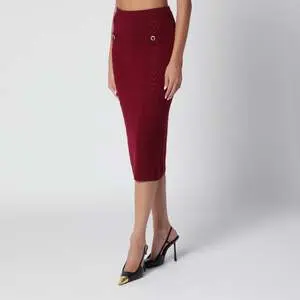 Alessandra Rich Bordeaux Merino Wool Lace Knit Midi Skirt - Burgundy