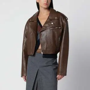THE FRANKIE SHOP Cropped Biker Jacket In Faux Leather - Brown