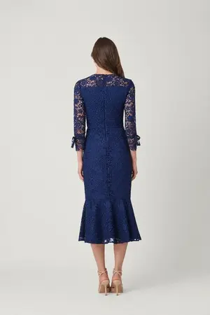 Shoshanna Floral Lace Midi Dress With Ribbon Bows
