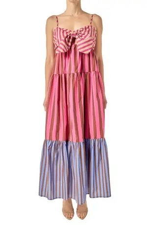 English Factory Stripe Bow Sleeveless Tiered Maxi Dress