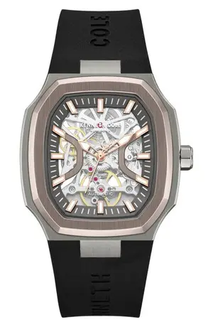 KENNETH COLE Automatic Leather Strap Watch - Black