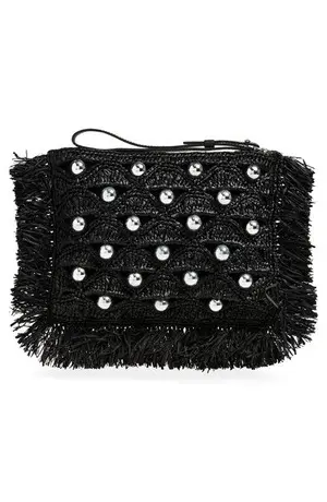 Rabanne Bead Embellished Woven Raffia Pouch Wristlet