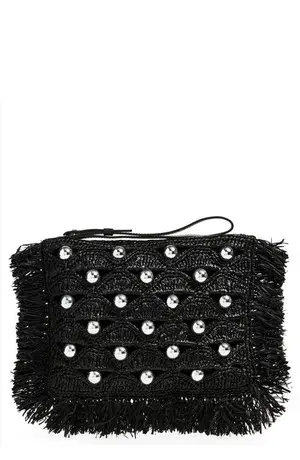 Rabanne Bead Embellished Woven Raffia Pouch Wristlet - Black/silver