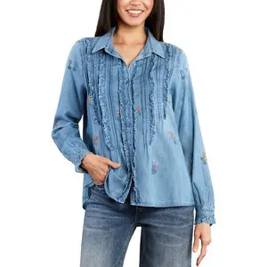 BILLY T Garden Embroidered Ruffle Pintuck Shirt - Washed Blue