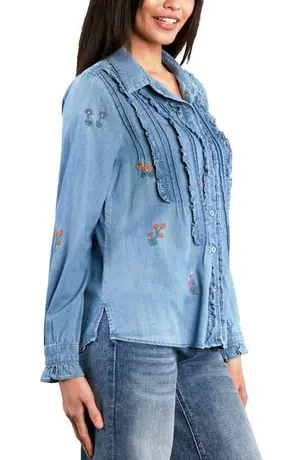 BILLY T Garden Embroidered Ruffle Pintuck Shirt - Washed Blue
